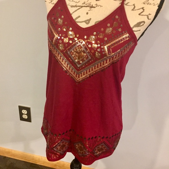Tops | Red Sequin Aztec Tank Top | Poshmark